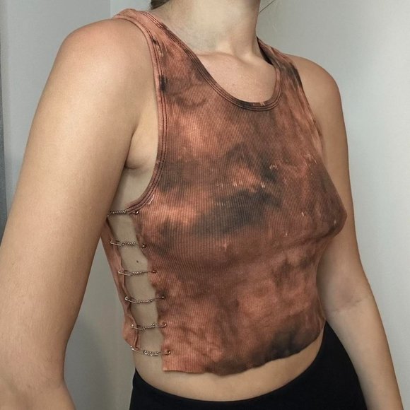 Tops | Handmade Acid Wash Crop Top With Chains And Safety Pins | Poshmark